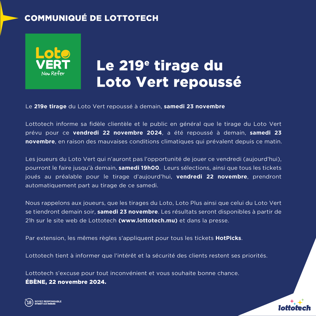 Le 219e tirage du Loto Vert a été repoussé – Lottery operator in Mauritius
