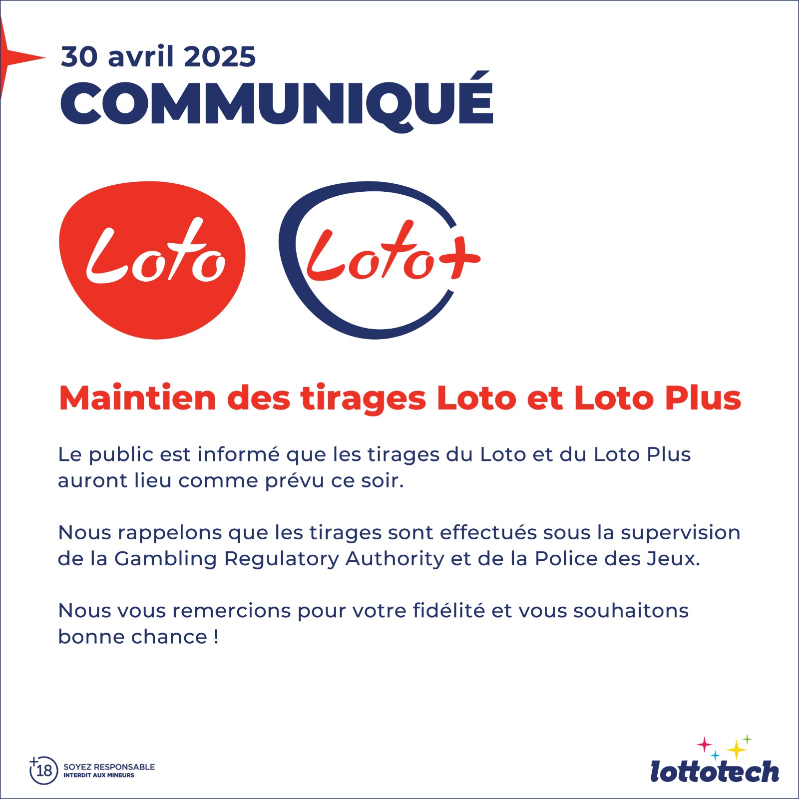 Communiqué Officiel- Tirages Loto et Loto Plus maintenus – Lottery ...