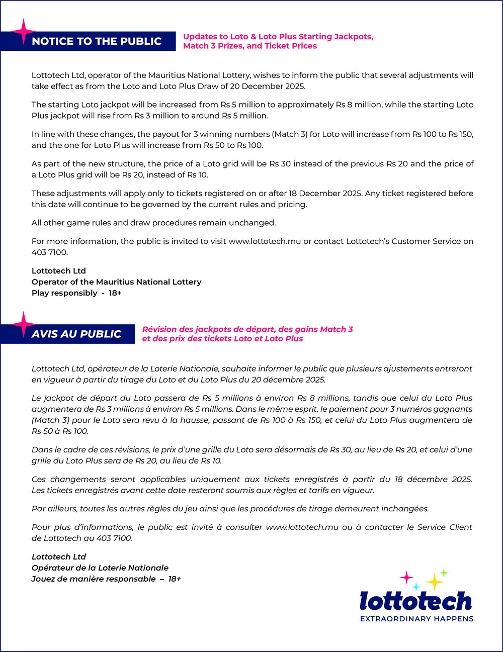 Legal Notice – Lottery operator in Mauritius